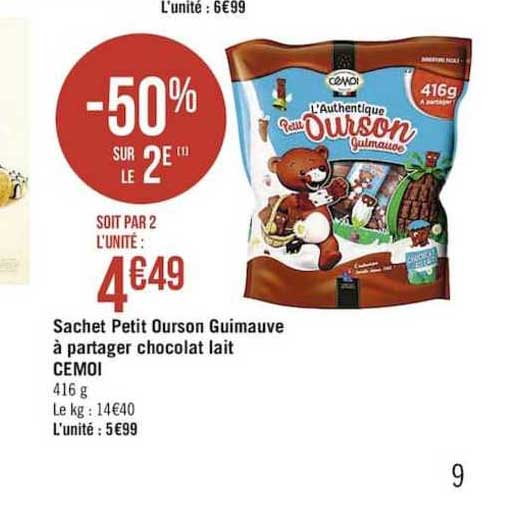 Promo Sachet Petit Ourson Guimauve à Partager Chocolat Lait Cémoi chez