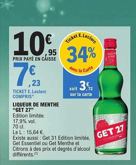 Liqueur De Menthe "Get 27" offre chez E.Leclerc