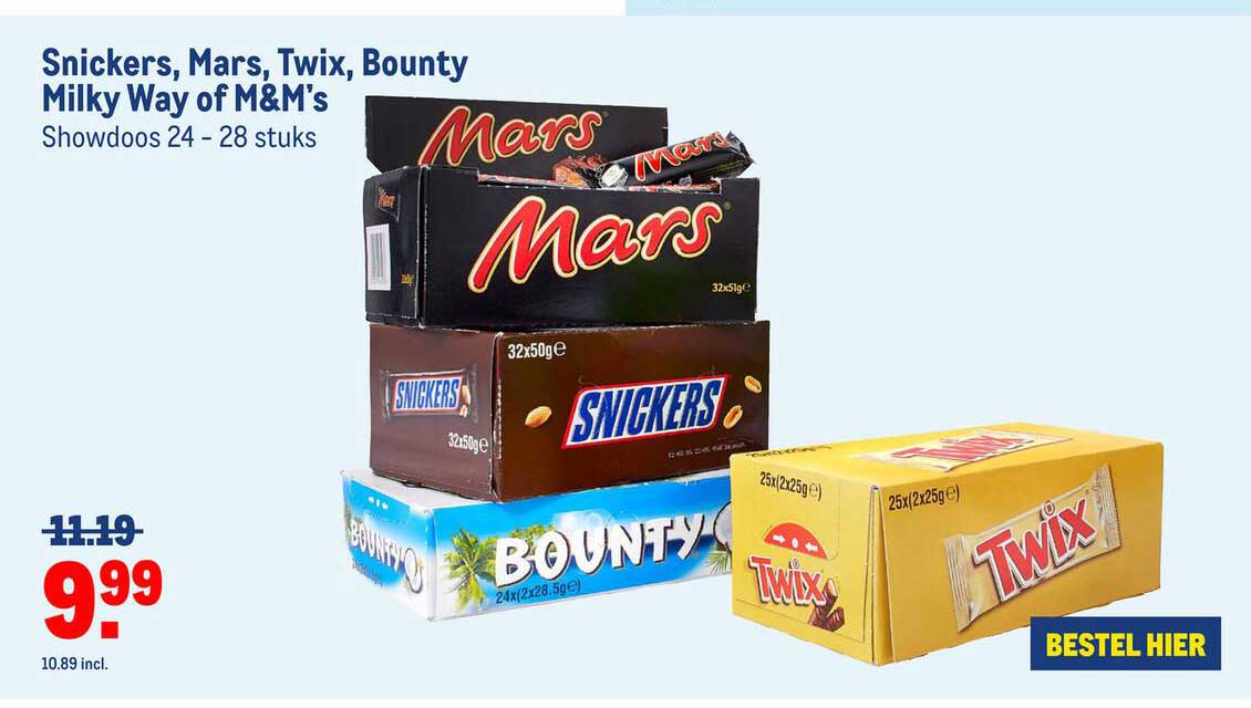 Snickers, Mars, Twix, Bounty Milky Way Of M&M's Aanbieding bij Makro ...