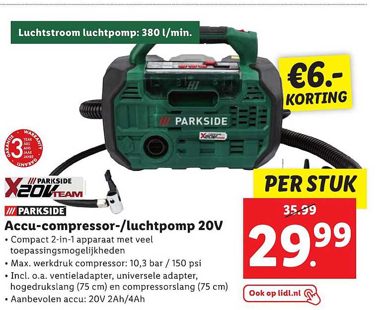 Parkside Accu-compressor--luchtpomp 20v Aanbieding bij Lidl - 1Folders.nl