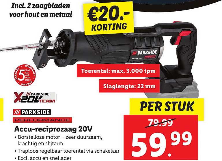 Parkside Accu-reciprozaag 20v Aanbieding bij Lidl - 1Folders.nl