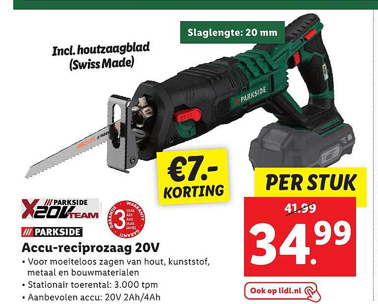 Parkside Accu-reciprozaag 20v Aanbieding bij Lidl - 1Folders.nl