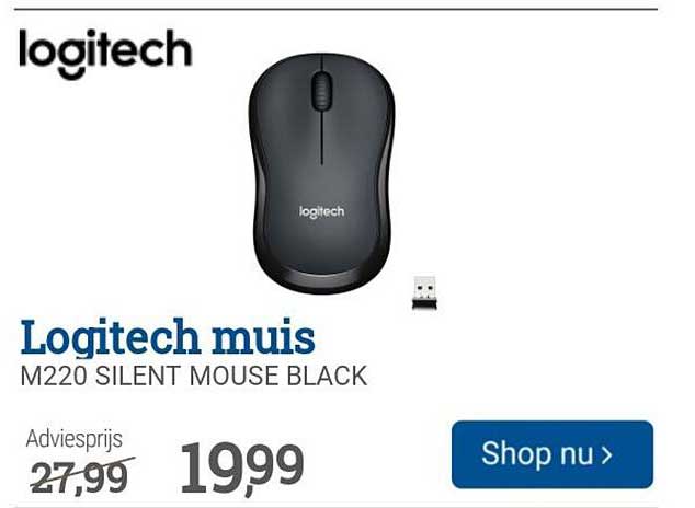 Logitech Muis M220 Silent Mouse Black Aanbieding bij BCC - 1Folders.nl