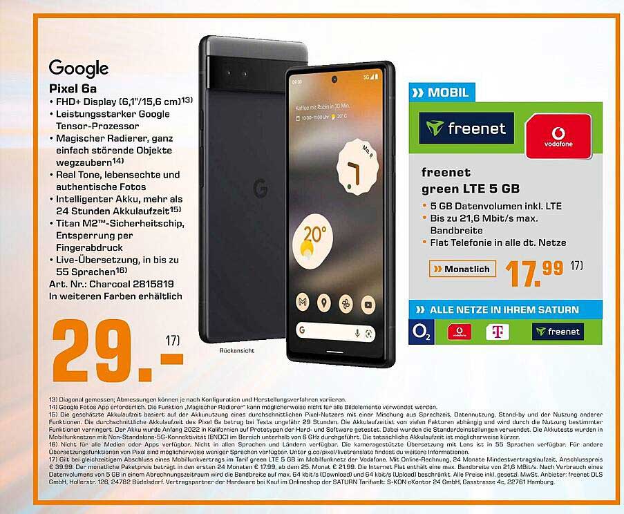 Google Pixel 6a Angebot bei Saturn
