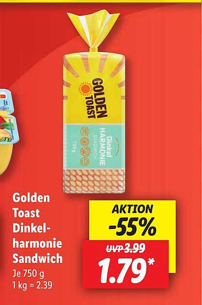 Golden Toast Dinkelharmonnie Sandwich Angebot bei Lidl - 1Prospekte.de