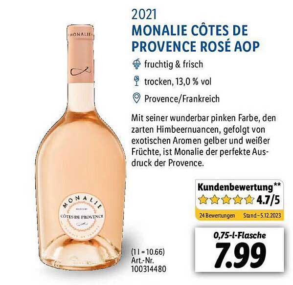 2021 Monalie Côtes De Provence Rosé Aop Angebot bei Lidl - 1Prospekte.de