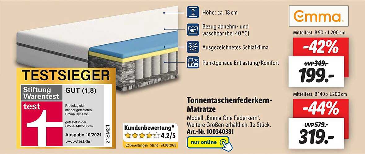 Tonnentaschenfederkern-matratze Modell „emma One Federkern“ Angebot bei ...