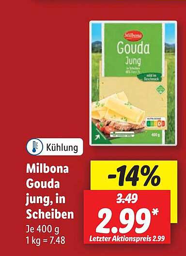 Milbona Gouda Jung, In Scheiben Angebot bei Lidl - 1Prospekte.de