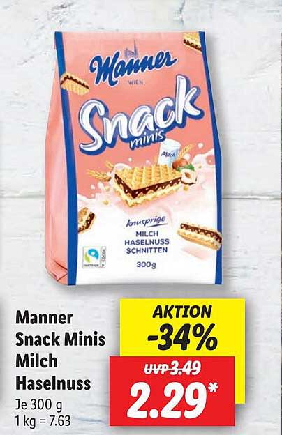 Manner Snack Minis Milch Haselnuss Angebot bei Lidl - 1Prospekte.de