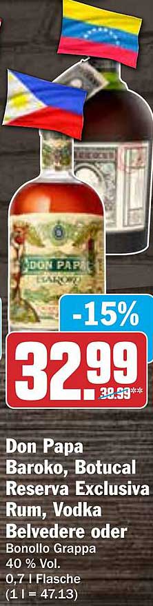 Don Papa Baroko, Botucal Reserva Exclusiva Rum, Vodka Belvedere Angebot ...