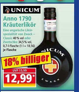 Unicum Anno 1790 Kräuterlikör Angebot bei NORMA - 1Prospekte.de