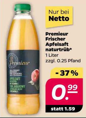 Premieur Frischer Apfelsaft Naturtrüb Angebot bei Netto - 1Prospekte.de