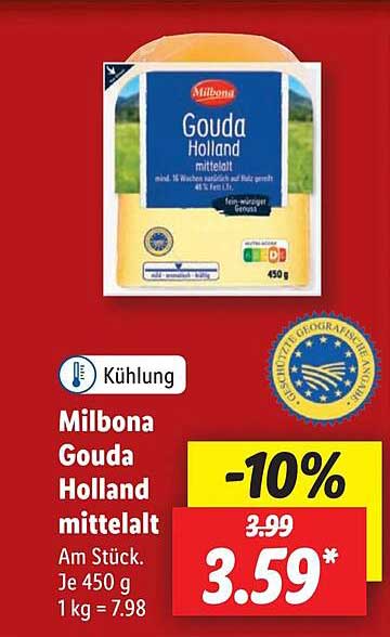 Milbona Gouda Holland Mittelalt Angebot bei Lidl - 1Prospekte.de