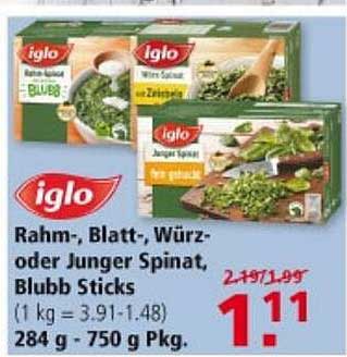 Iglo Rahm-, Blatt-, Würz- Oder Junger Spinat, Blubb Sticks Angebot bei ...