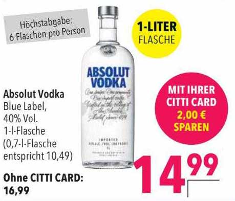 Absolut Vodka Blue Label Angebot bei CITTI Markt - 1Prospekte.de
