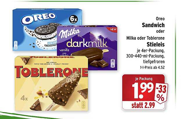 Oreo Sandwich Oder Milka Oder Toblerone Stieleis Angebot bei Wasgau ...