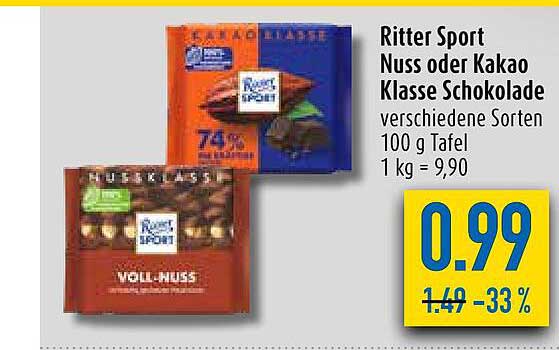 Ritter Sport Nuss Oder Kakao Klasse Schokolade Angebot bei Diska Ritter Sport Nuss Oder Kakao Klasse Schokolade Angebot bei Diska
