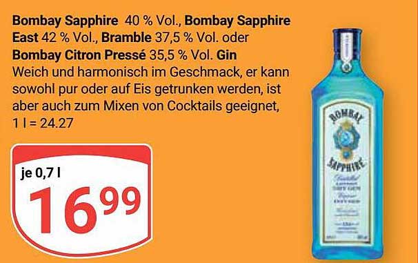 Bombay Sapphire, East, Bramble Oder Citron Pressé Oder Gin Angebot bei ...