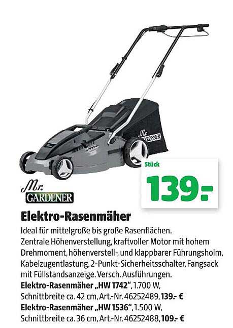 Mr. Gardener Elektro-rasenmäher Angebot bei Hagebaumarkt - 1Prospekte.de
