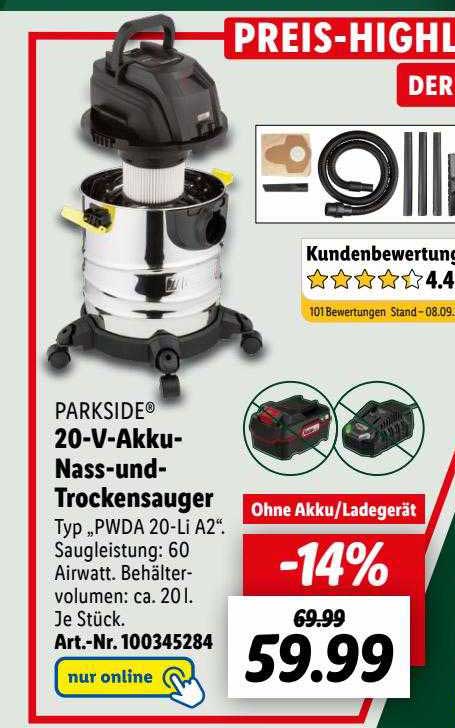 Parkside 20-v-akku-nass-und-trockensauger Typ „pwda 20-li A2“ Angebot ...