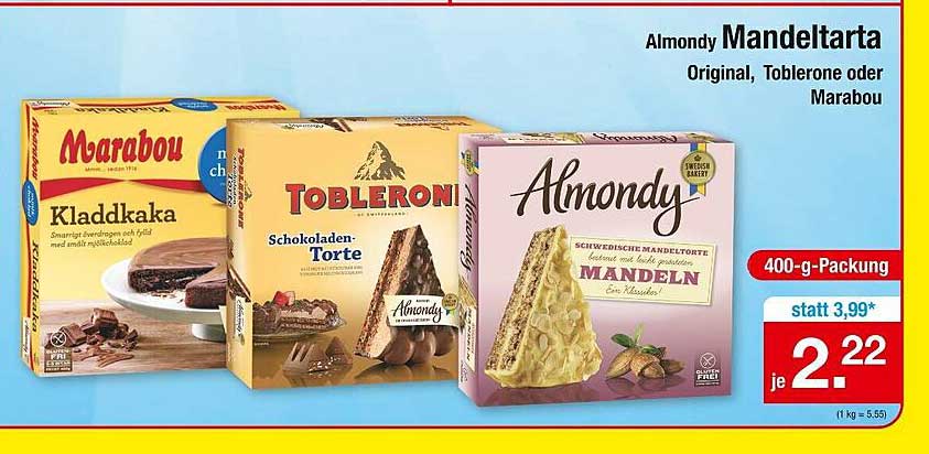 Almondy Mandeltara Original, Toblerone Oder Marabou Angebot bei Zimmermann - 1Prospekte.de