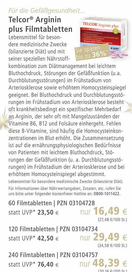 Telcor Arginin Plus Filmtabletten Angebot bei Apotal - 1Prospekte.de