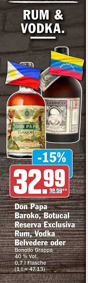 Don Papa Baroko, Botucal Reserva Exclusiva Rum, Vodka Belvedere Angebot ...