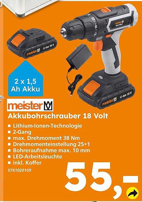Meister Akkubohrschrauber 18 Volt Angebot bei Globus Baumarkt - 1Prospekte.de