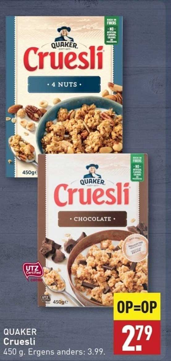 Quaker Cruesli 4 Nuts Quaker Cruesli Chocolate aanbieding bij ALDI