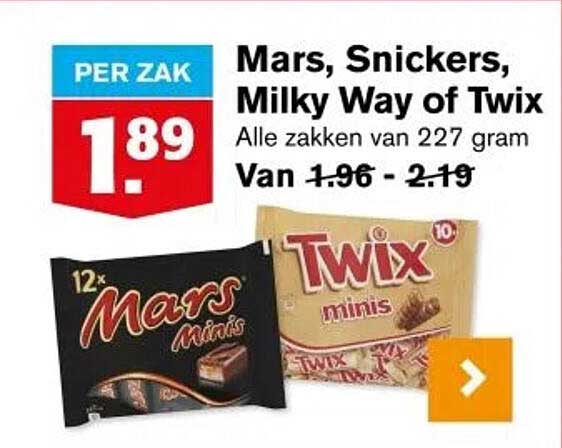 Mars, Snickers, Milky Way Of Twix aanbieding bij Hoogvliet