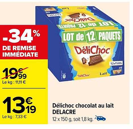 Promo Délichoc Chocolat Au Lait Delacre chez Carrefour - iCatalogue.fr