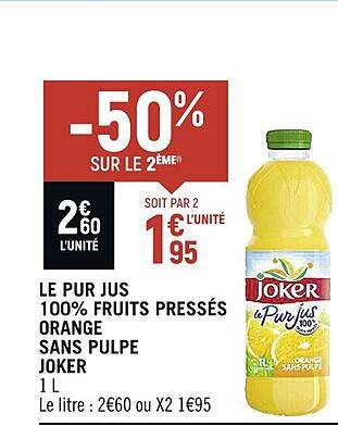 Promo Le Pur Jus 100% Fruits Pressés Orange Sans Pulpe Joker chez Spar - iCatalogue.fr