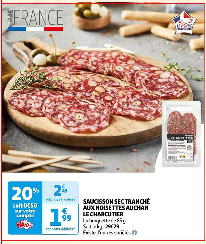 Promo Saucisson Sec Tranché Aux Noisettes Auchan Le Charcutier chez ...