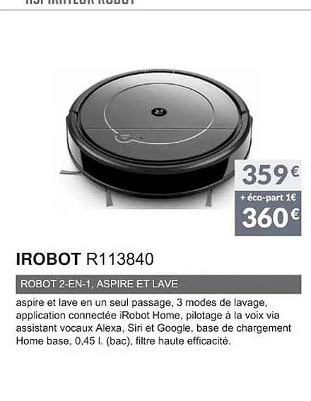 Promo Irobot R113840 Robot 2-en-1, Aspire Et Lave chez Copra ...