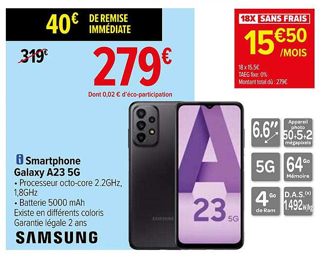 Promo Smartphone Galaxy A23 5g Samsung chez Carrefour - iCatalogue.fr