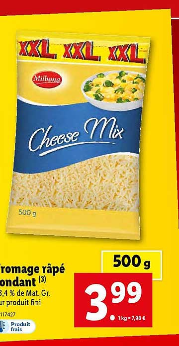 Promo Fromage Râpé Fondant Milbona chez Lidl - iCatalogue.fr