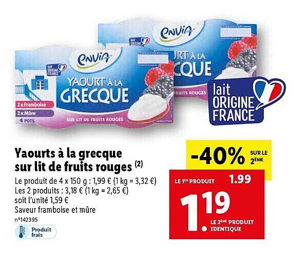 Promo Yaourts à La Grecque Sur Lit De Fruits Rouges Envia chez Lidl ...