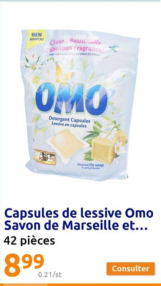 Promo Capsules De Lessive Omo Savon De Marseille Et... chez Action ...