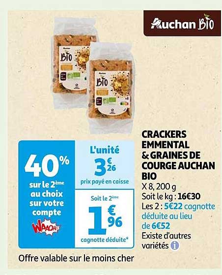 Promo Crackers Emmental & Graines De Courge Auchan Bio chez Auchan ...