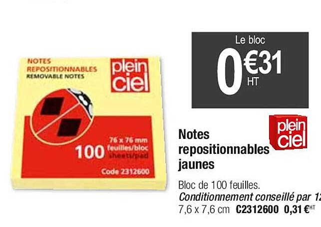 Promo Notes Repositionnables Jaunes Plein Ciel chez Plein ciel ...