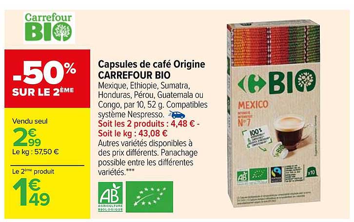Promo Capsules De Café Origine Carrefour Bio chez Carrefour - iCatalogue.fr