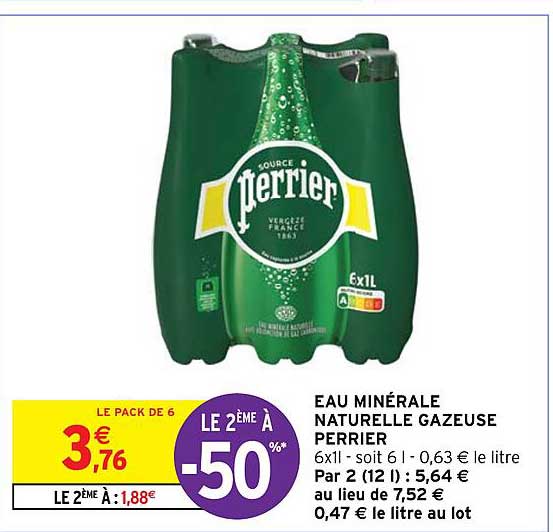 Promo Eau Minérale Naturelle Gazeuse Perrier chez Intermarché Hyper ...