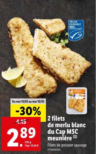Promo 2 Filets De Merlu Blanc Du Cap Msc Meunière chez Lidl - iCatalogue.fr