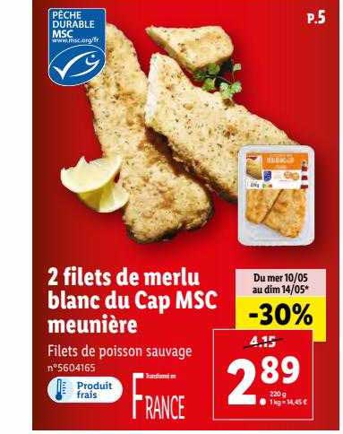 Promo 2 Filets De Merlu Blanc Du Cap Msc Meunière chez Lidl - iCatalogue.fr