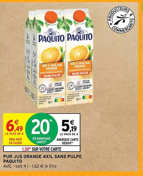 Promo Pur Jus Orange 4 X 1 L Sans Pulpe Paquito chez Intermarché Hyper ...