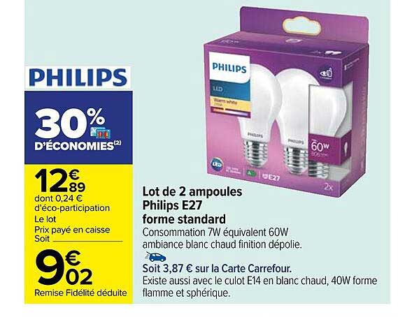 Promo Lot De 2 Ampoules Philips E27 Forme Standard chez Carrefour - iCatalogue.fr