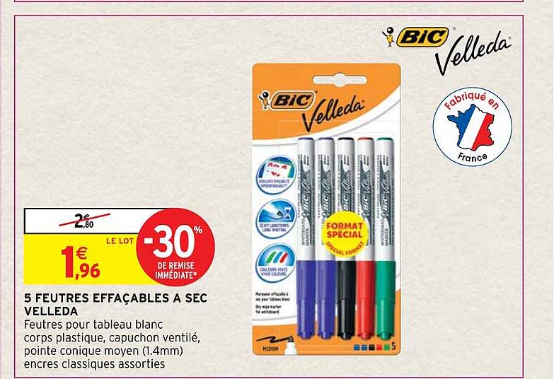 Promo 5 Feutres Effaçables à Sec Velleda chez Intermarché Hyper ...