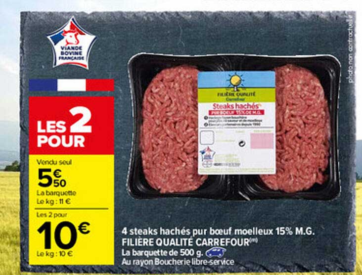 Promo 4 Steaks Hachés Pur Bœuf Moelleux 15% M.g. Filière Qualité ...