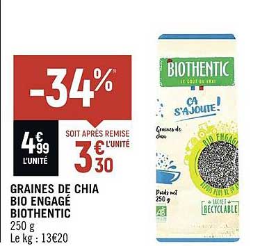 Promo Graines De Chia Bio Engagé Biothentic chez Spar - iCatalogue.fr