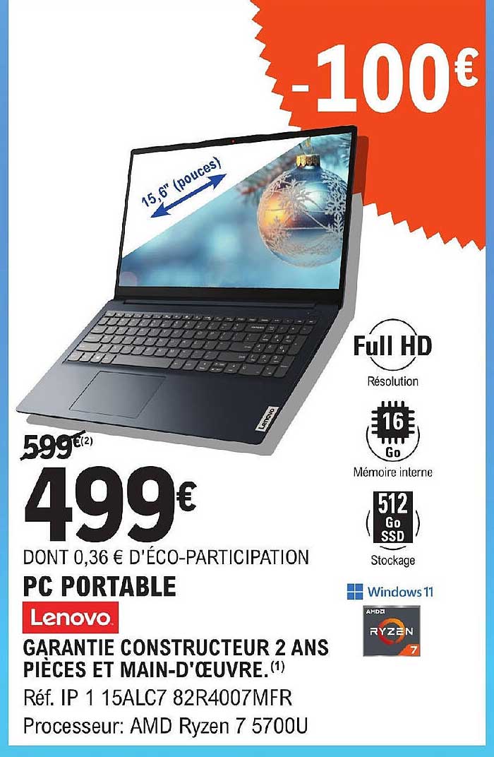 Promo Pc Portable Lenovo 15.6" chez E.Leclerc - iCatalogue.fr
